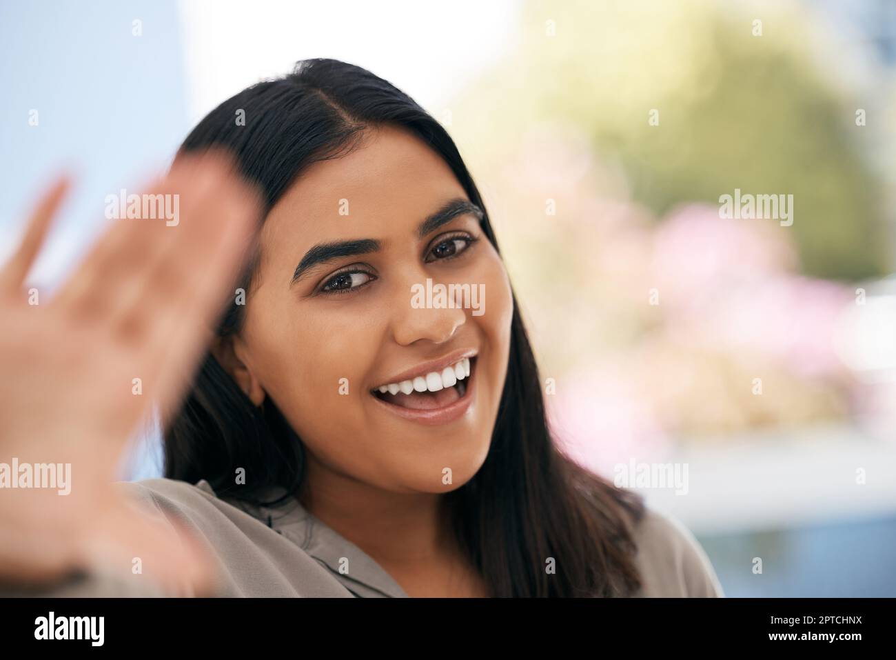 Hand frame, selfie and face of woman taking a picture in nature ...