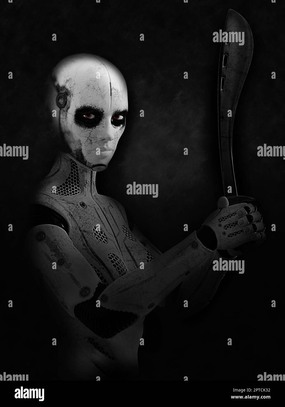 3D rendering of a robot woman hero or villain holding a machete in her ...