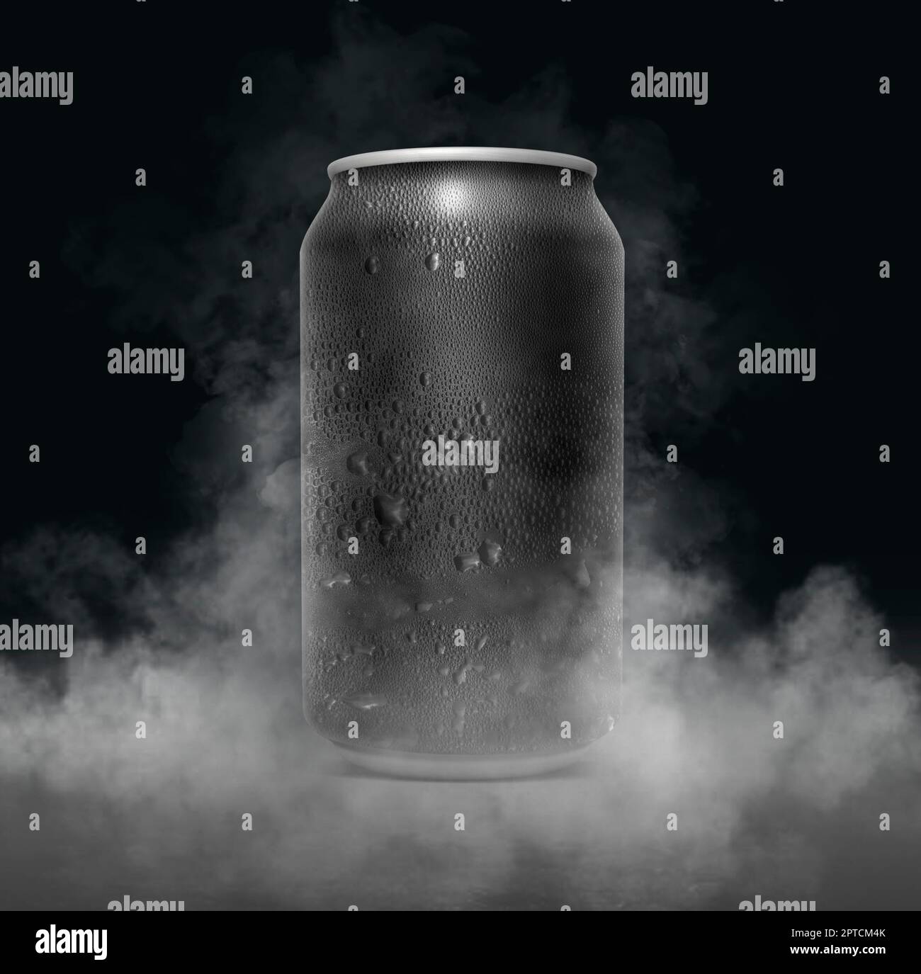 An unbranded freezing cold aluminum tin can with cold vapor an isolated ...