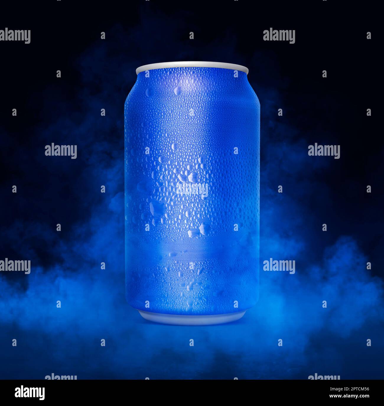 An unbranded freezing cold aluminum tin can with cold vapor an isolated ...