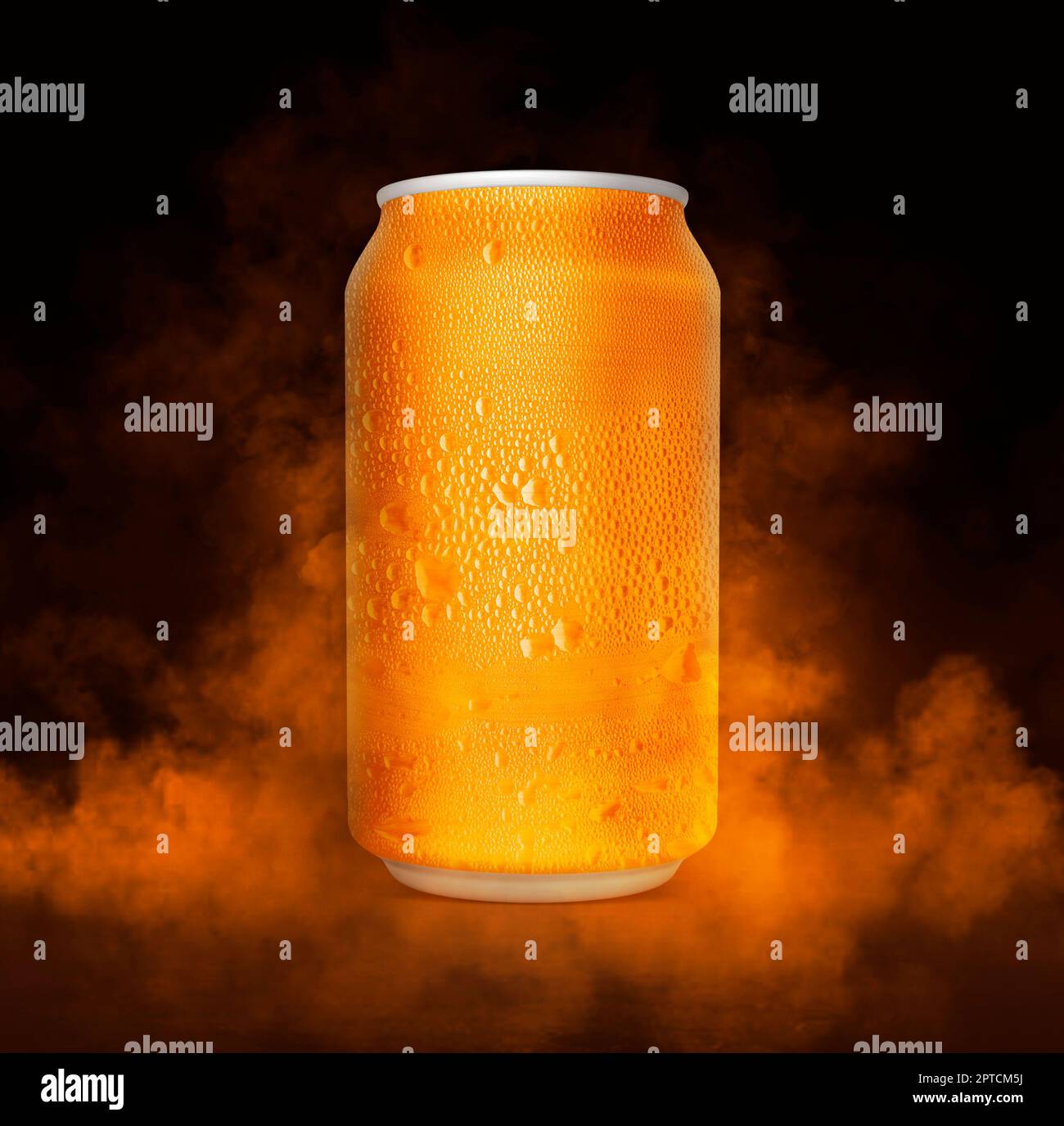 An unbranded freezing cold aluminum tin can with cold vapor an isolated ...