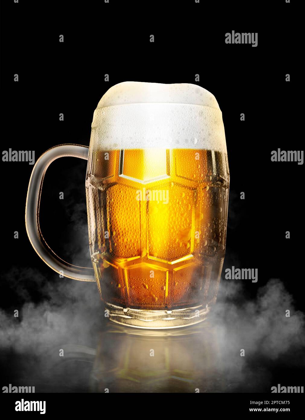Beer glass with water drops on the white color smoke dark background ...