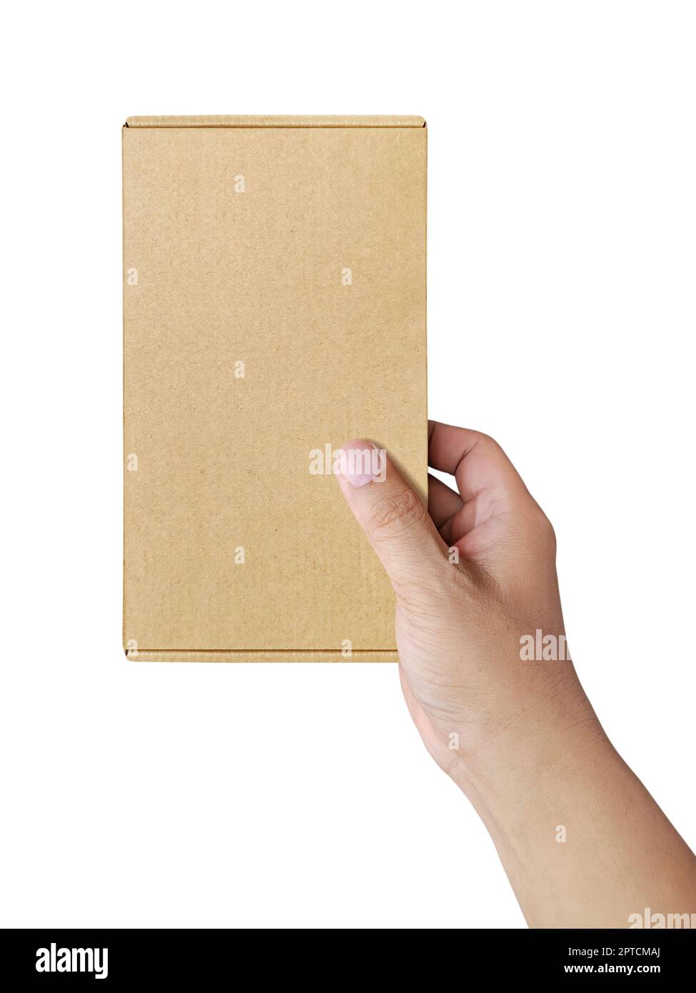 hand holding brown paper box package isolated on white background Stock ...