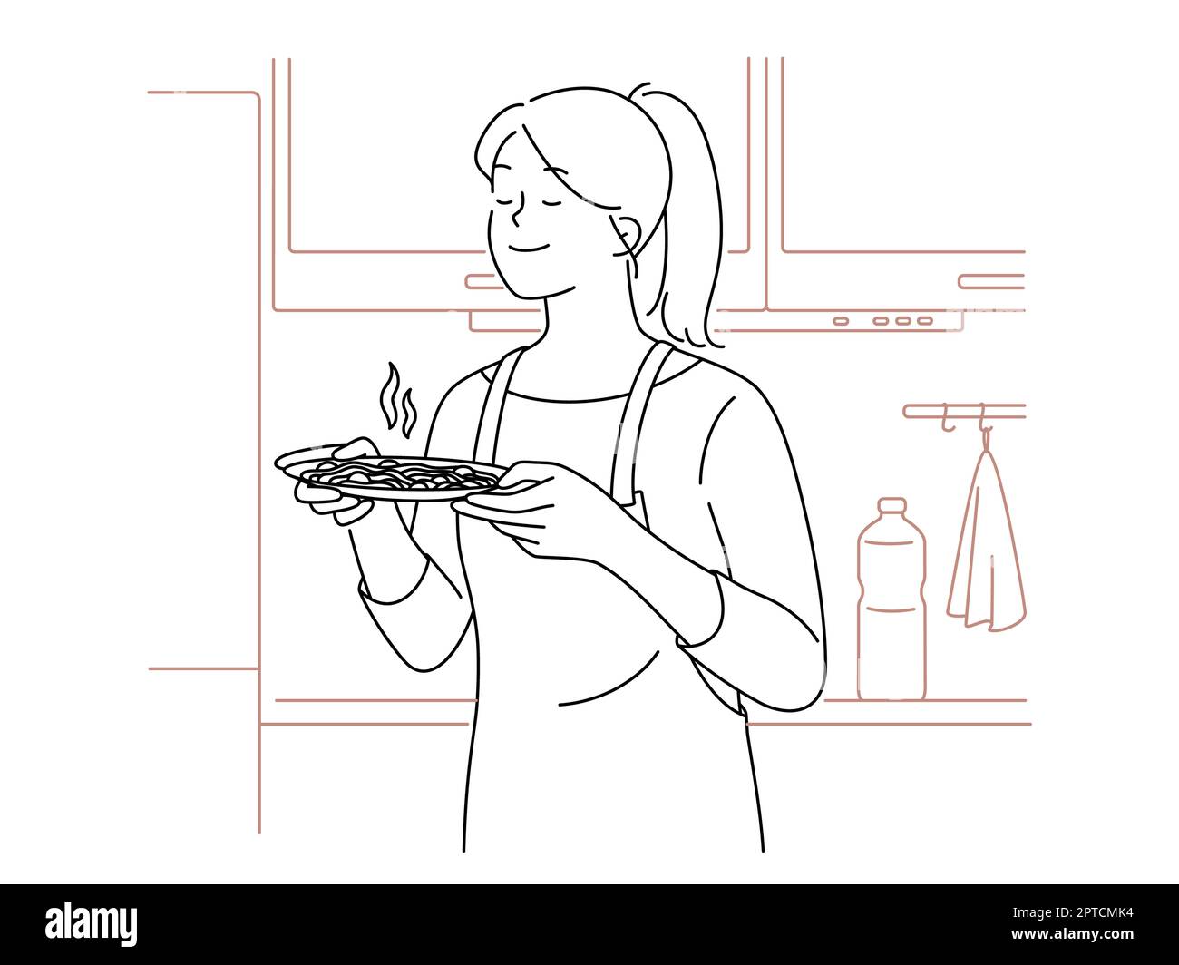 Happy woman in apron smell food in kitchen. Smiling satisfied girl ...