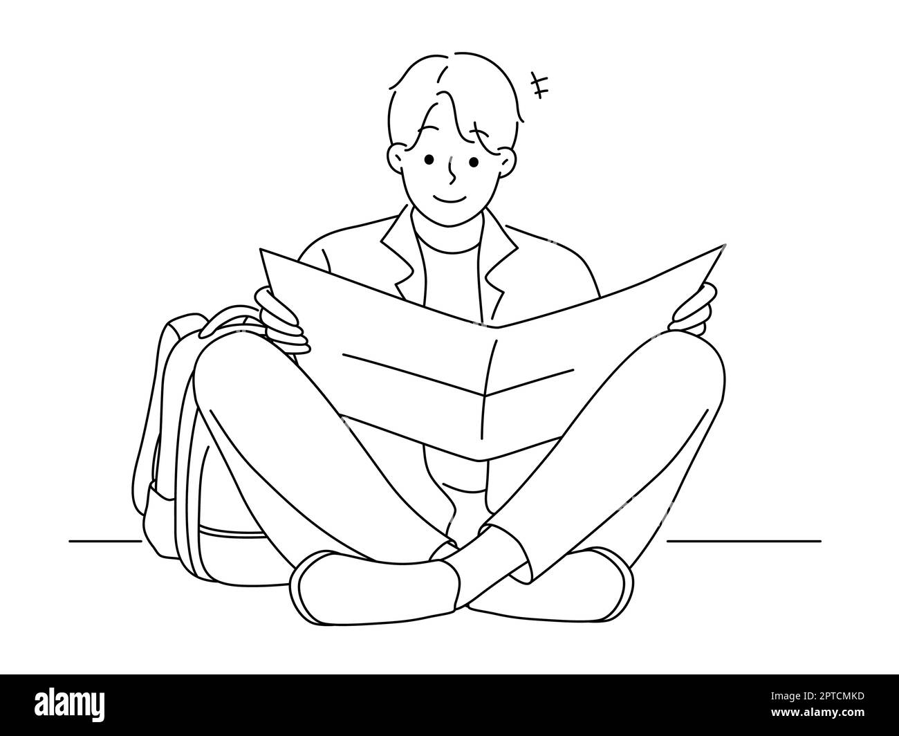 Young man with backpack sitting on floor reading paper map. Male ...