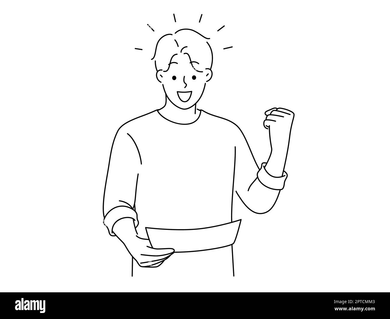 Overjoyed young man look at paper make yes hand gesture excited with ...