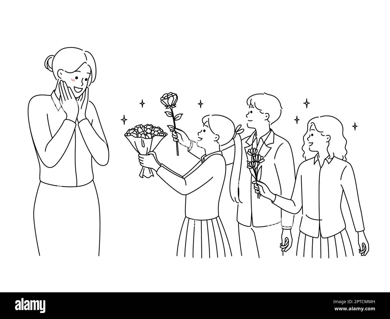 Happy children in uniform greeting excited young teacher presenting ...