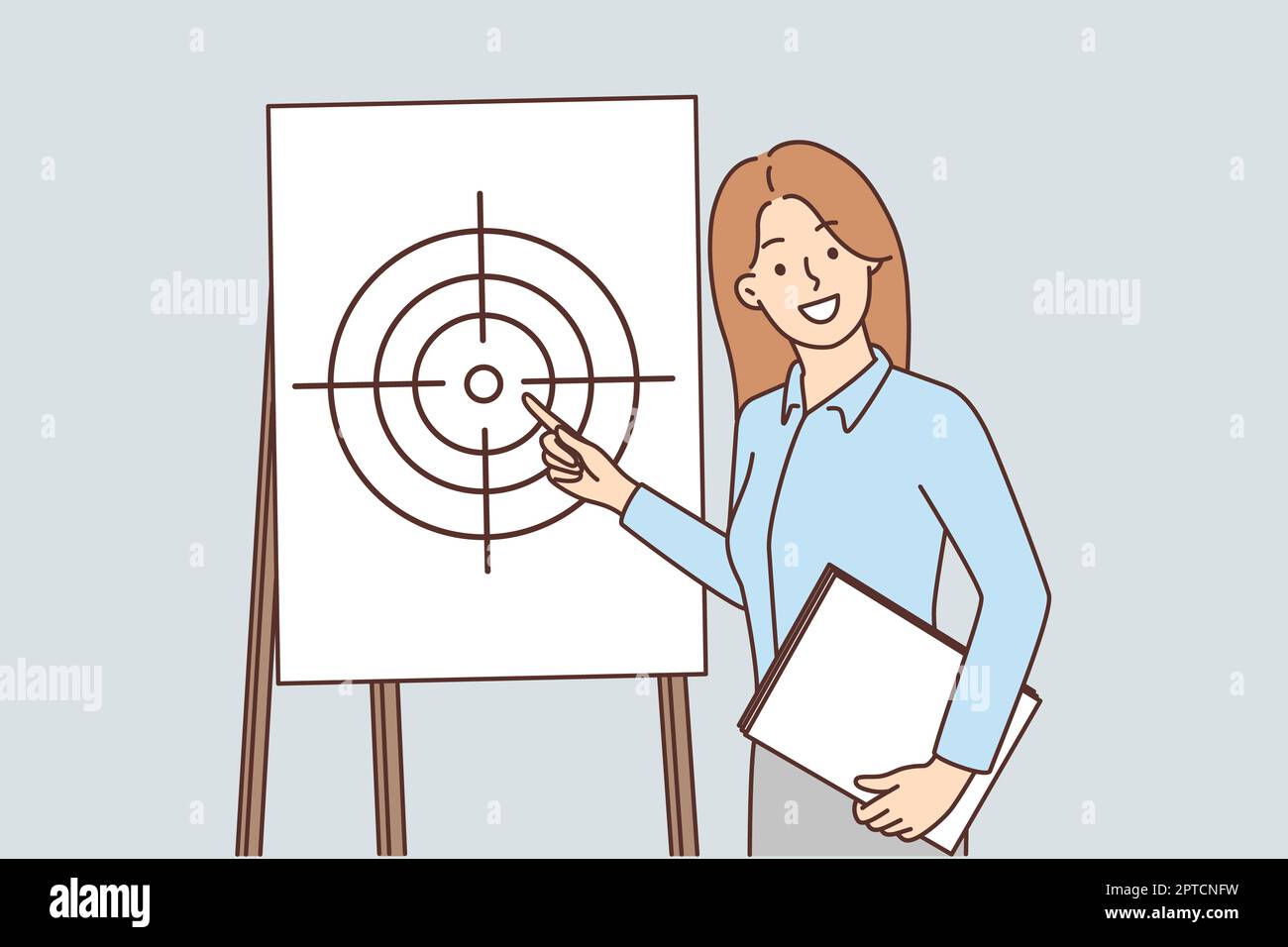 Young smiling businesswoman point at target on flipchart at office ...