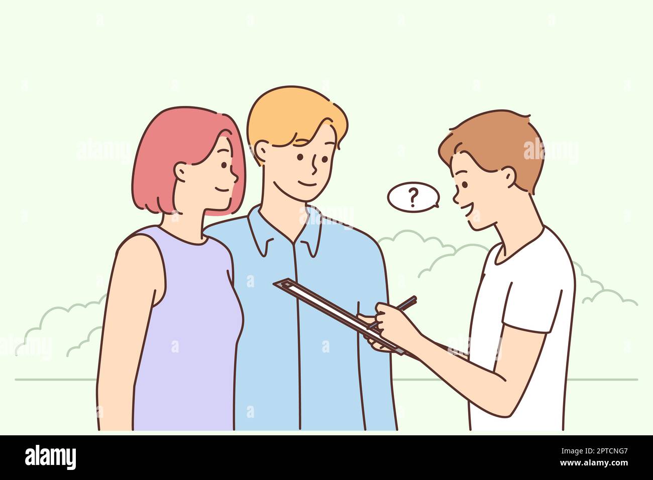 Young man asking question to couple outdoors. Smiling male interviewer ...