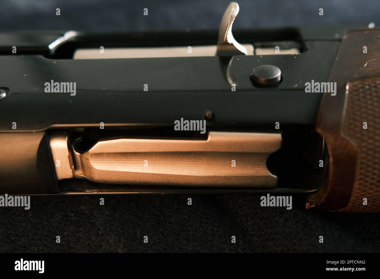 Closeup shotgun shutter. Hunting semi-automatic shotgun with wooden ...