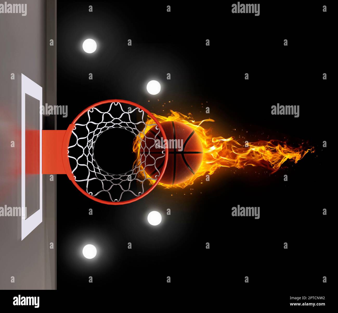 3D render of fiery basketball ball flying to hoop on black background ...