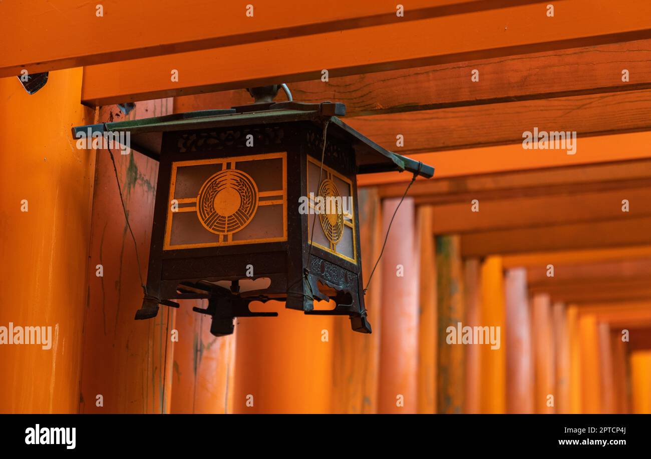 A close-up picture of a lantern inside the torii gates at the Fushimi ...