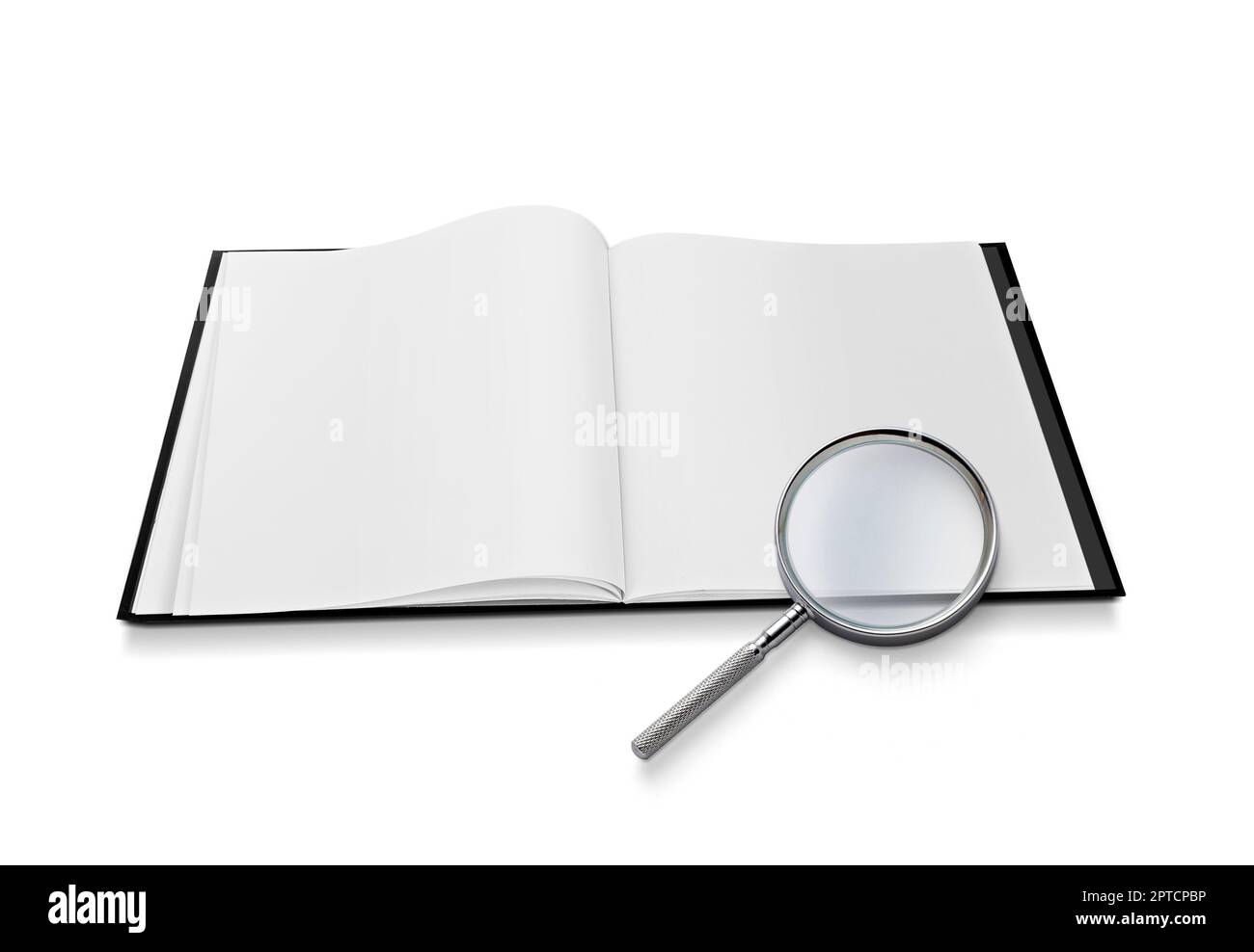 Open book closeup with turning pages and magnifying loupe. book in hard ...
