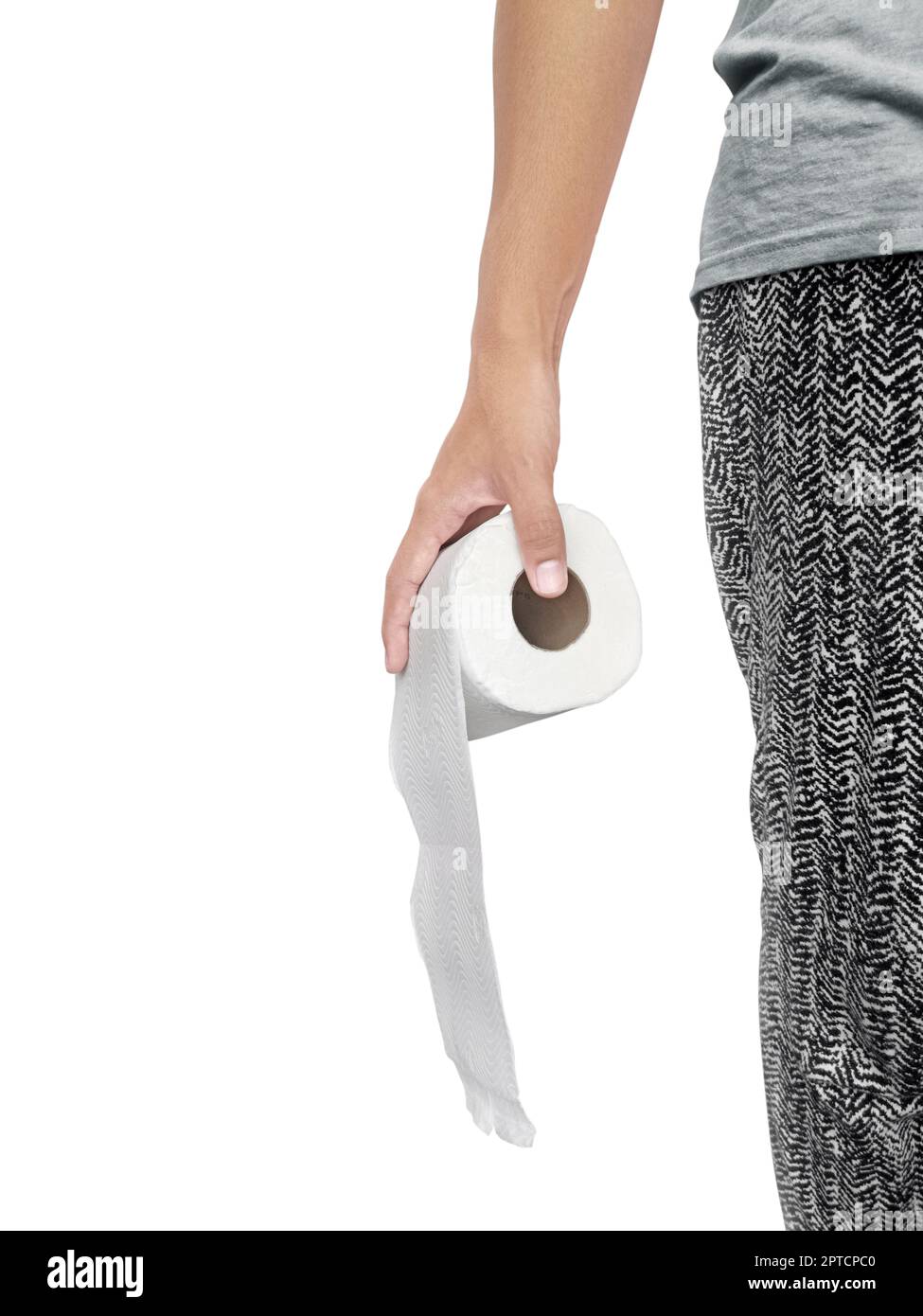male hand holding a roll of toilet paper on a white background Stock ...