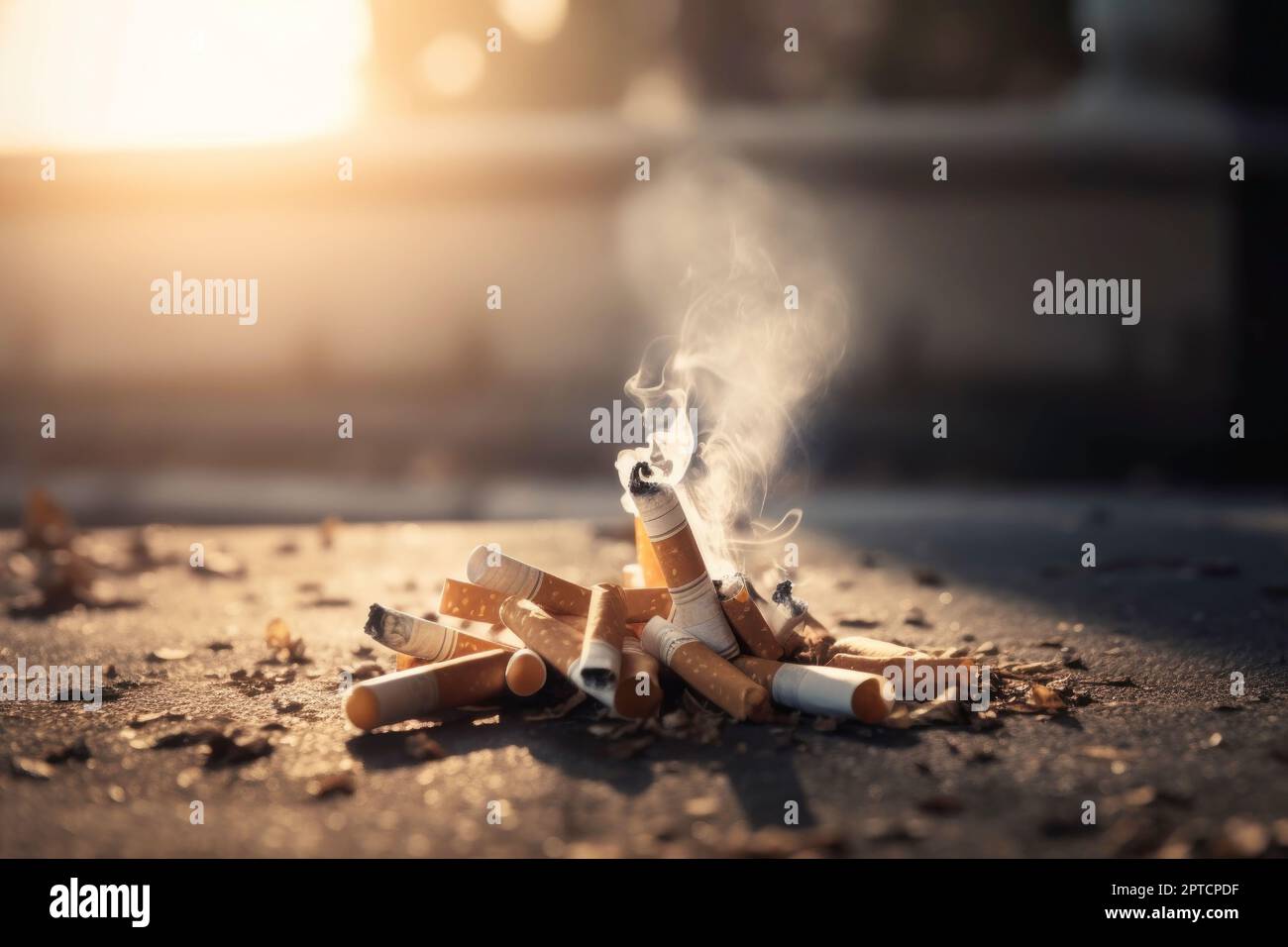 A pile of extinguished and crumpled cigarettes, cigarette burning and ...