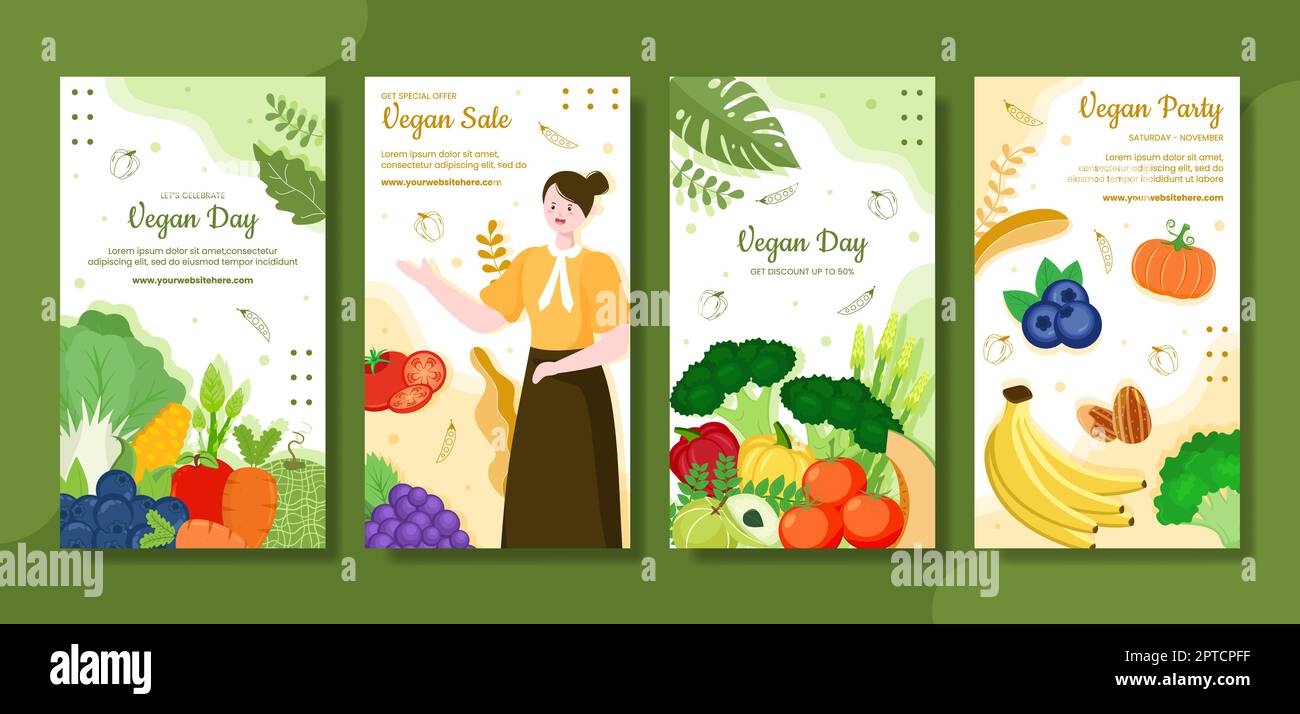 Happy Vegetarian Day or Vegan Social Media Stories Template Hand Drawn ...