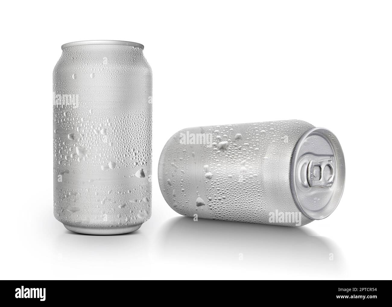 An unbranded freezing cold aluminum tin can with cold vapor an isolated ...