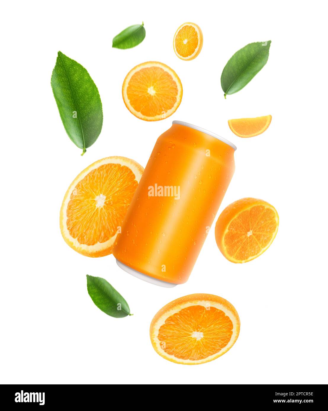 Aluminum orange soda can and falling juicy oranges with green leaves ...