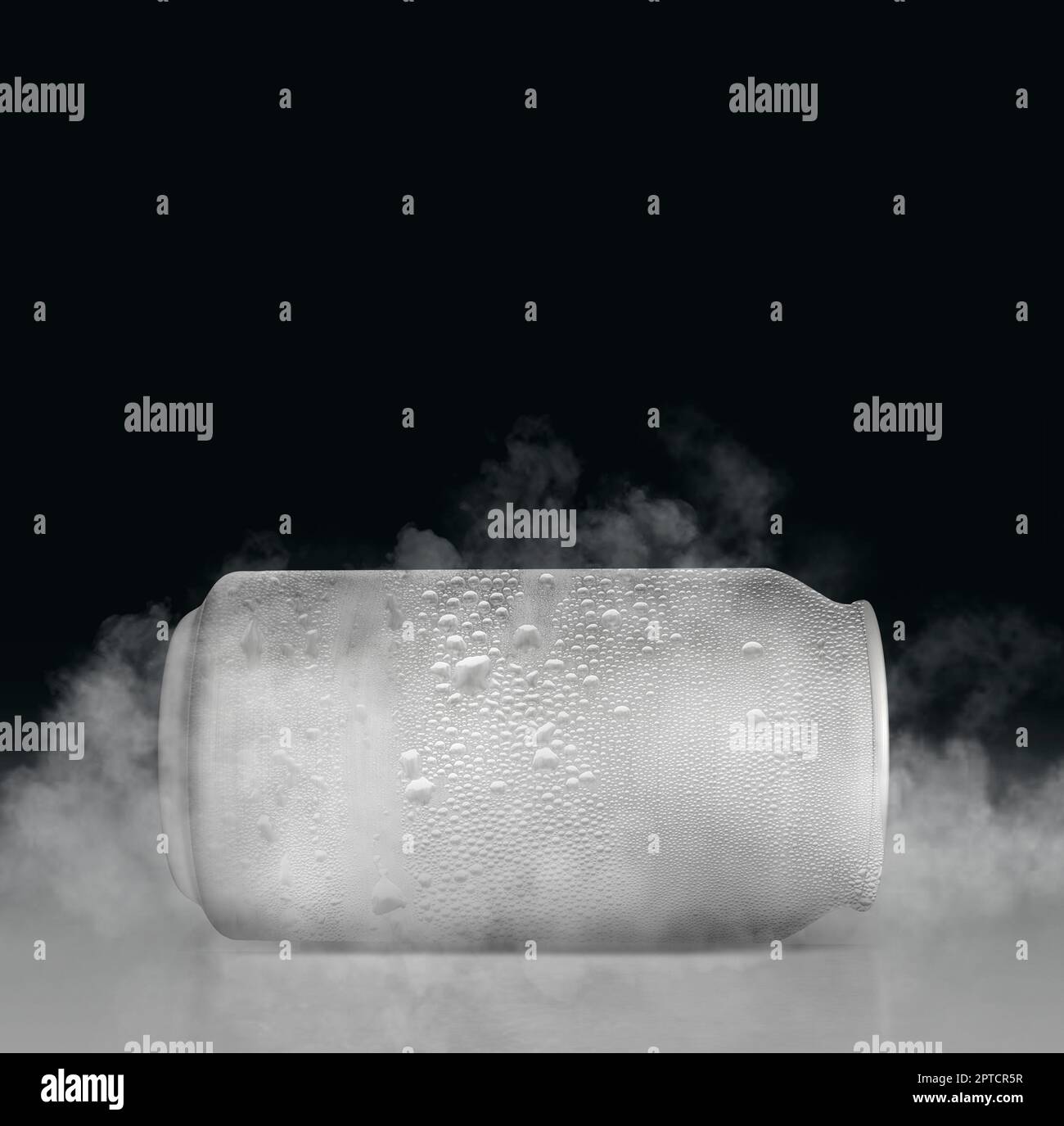 An unbranded freezing cold aluminum tin can with cold vapor an isolated ...