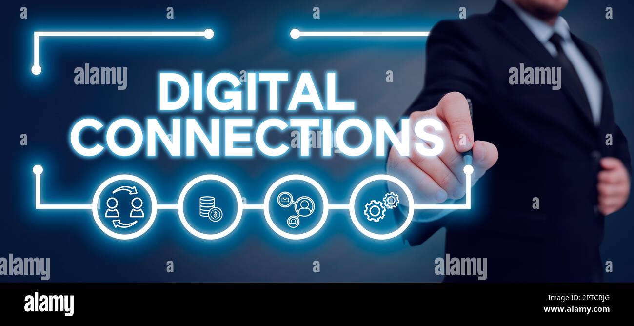 Text caption presenting Digital Connections, Word for virtual network linking user to his or her ...