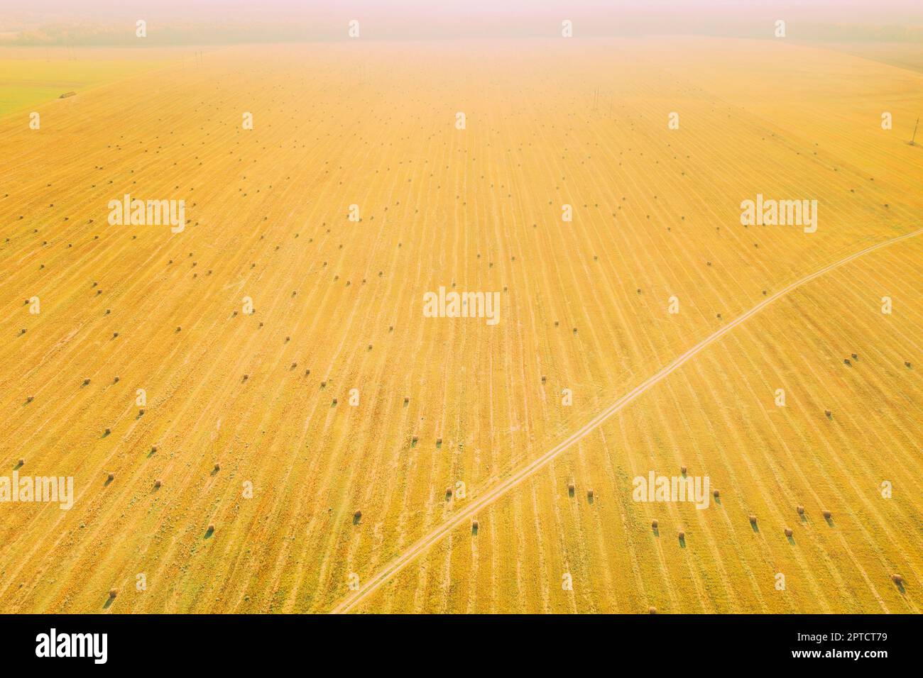 Aerial View Of Autumn Hay Rolls Straw Field Landscape. Haystack, Hay ...