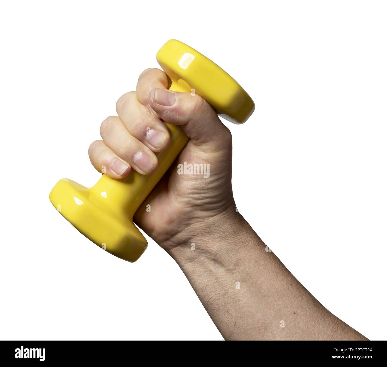 yellow gymnastic weights in hand on a transparent background Stock ...