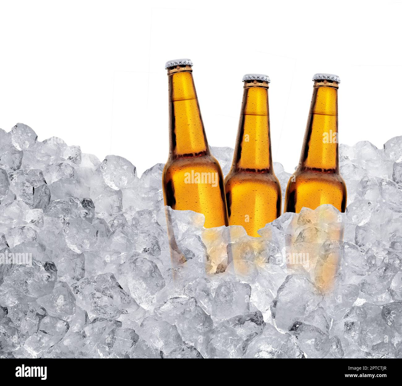 Three bottles of beer on ice cubes Isolated on white background Stock ...