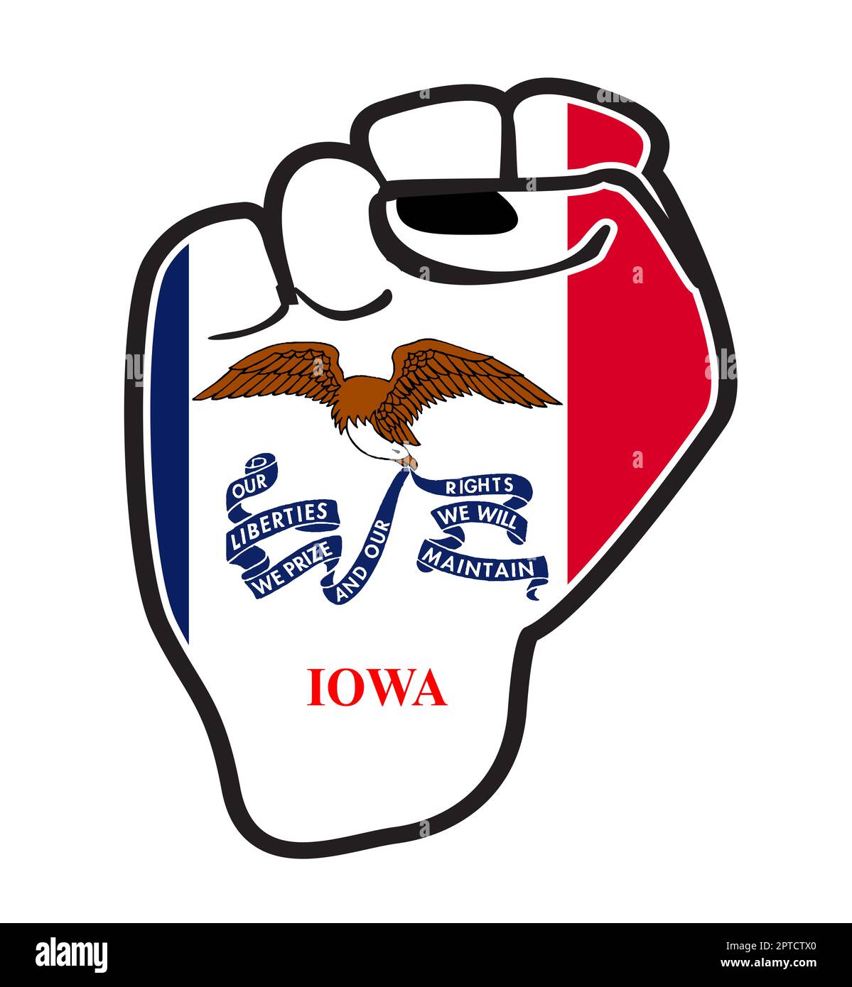 A black outline power fist over the Iowa state flag icons isolated on a ...