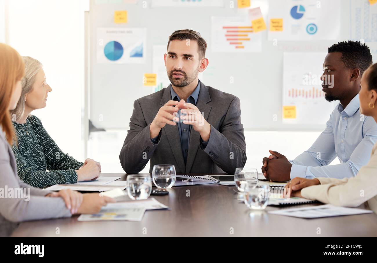 Business meeting, finance strategy and corporate man speaker with an ...