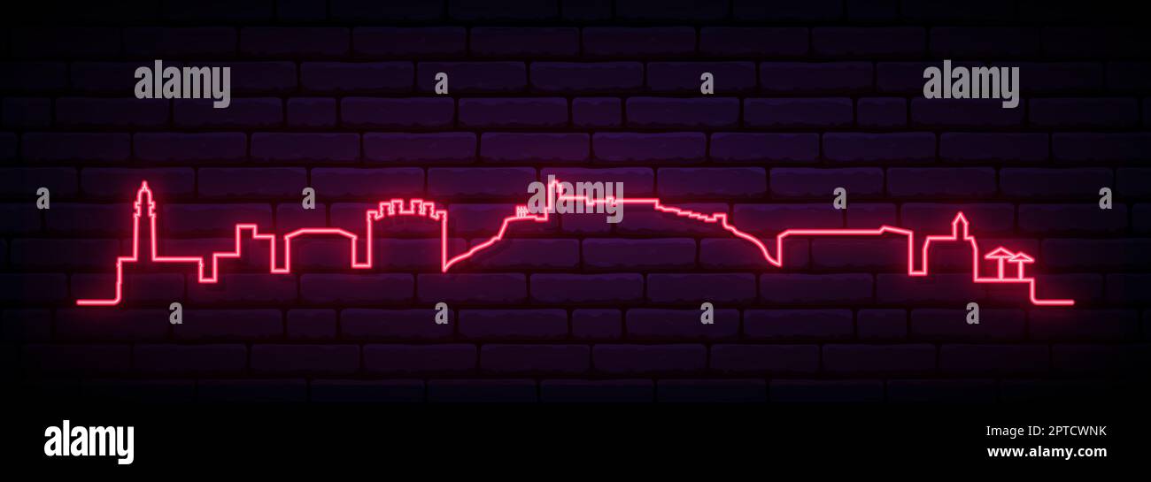Red neon skyline of Ibiza. Bright Ibiza City long banner. Vector ...