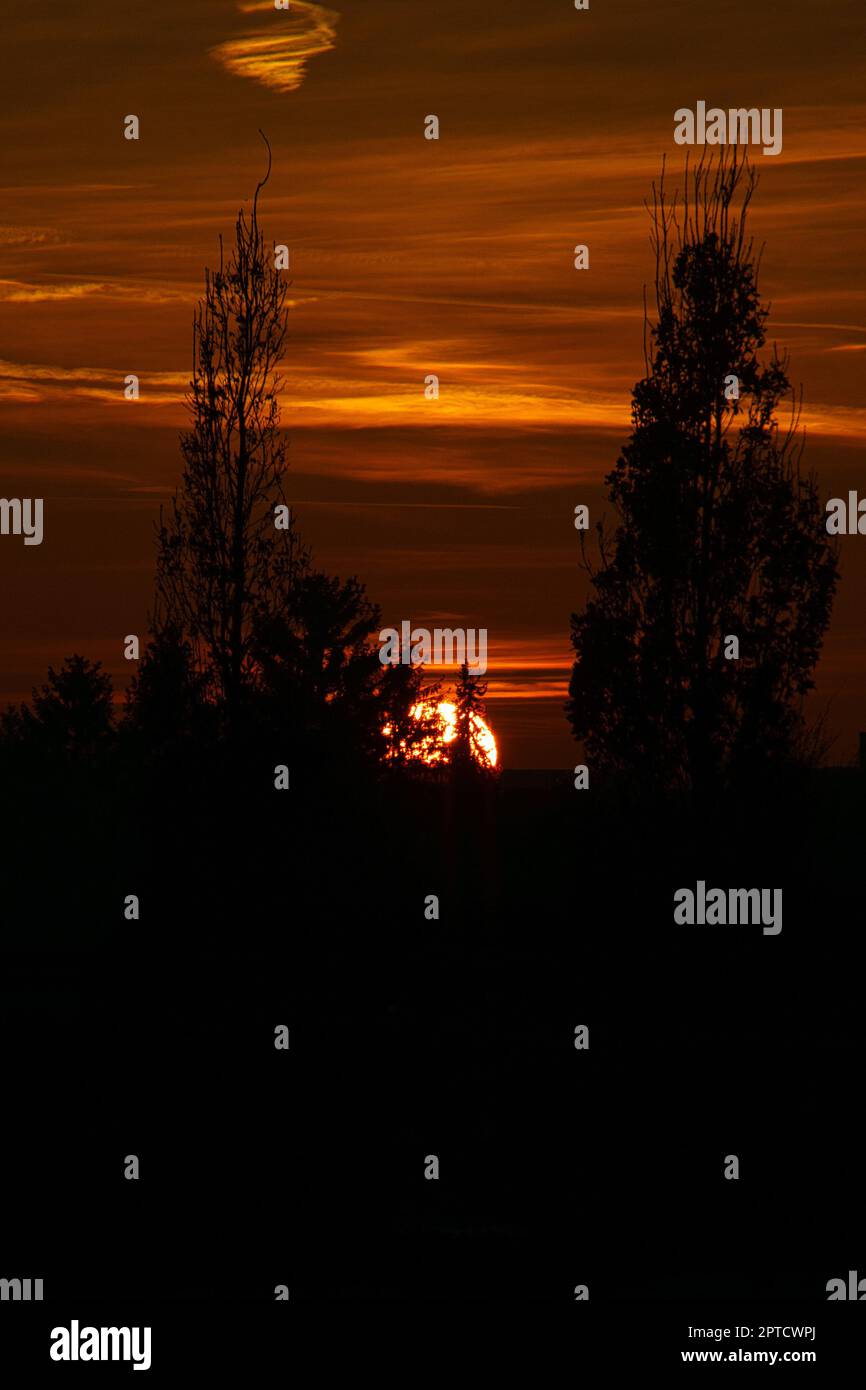 Setting sun on the outskirts of Berlin. The sky seems to burn. Romantic ...