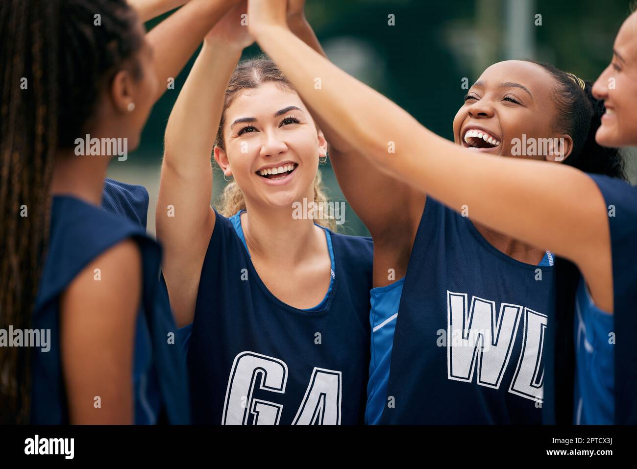 High five, sports and teamwork women group celebrate game achievement ...