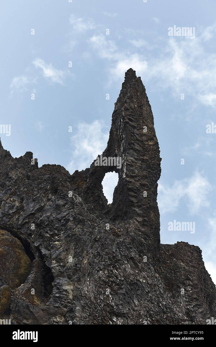 Towering rock formation with pointy volcanic cliffs in Iceland Stock ...