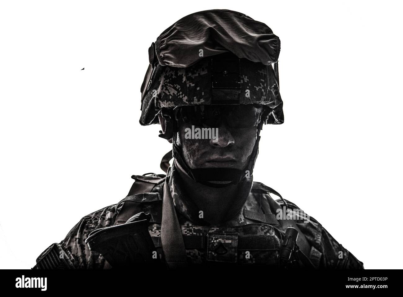 Shoulder portrait of modern army infantry soldier with dirty face in ...