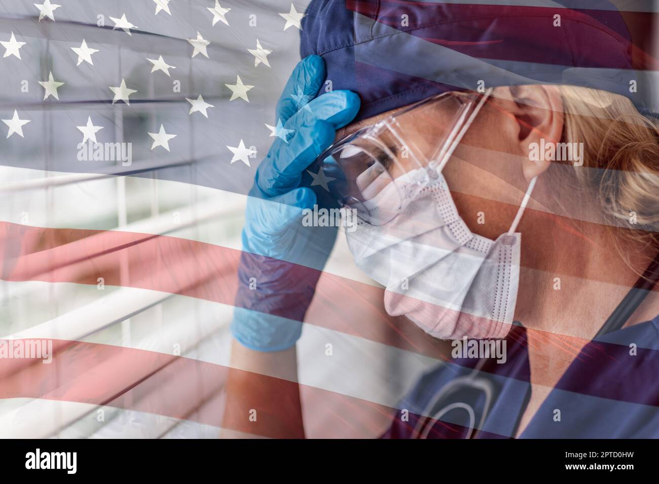 Stressed Female Doctor or Nurse On Break At Window Wearing Medical Face ...