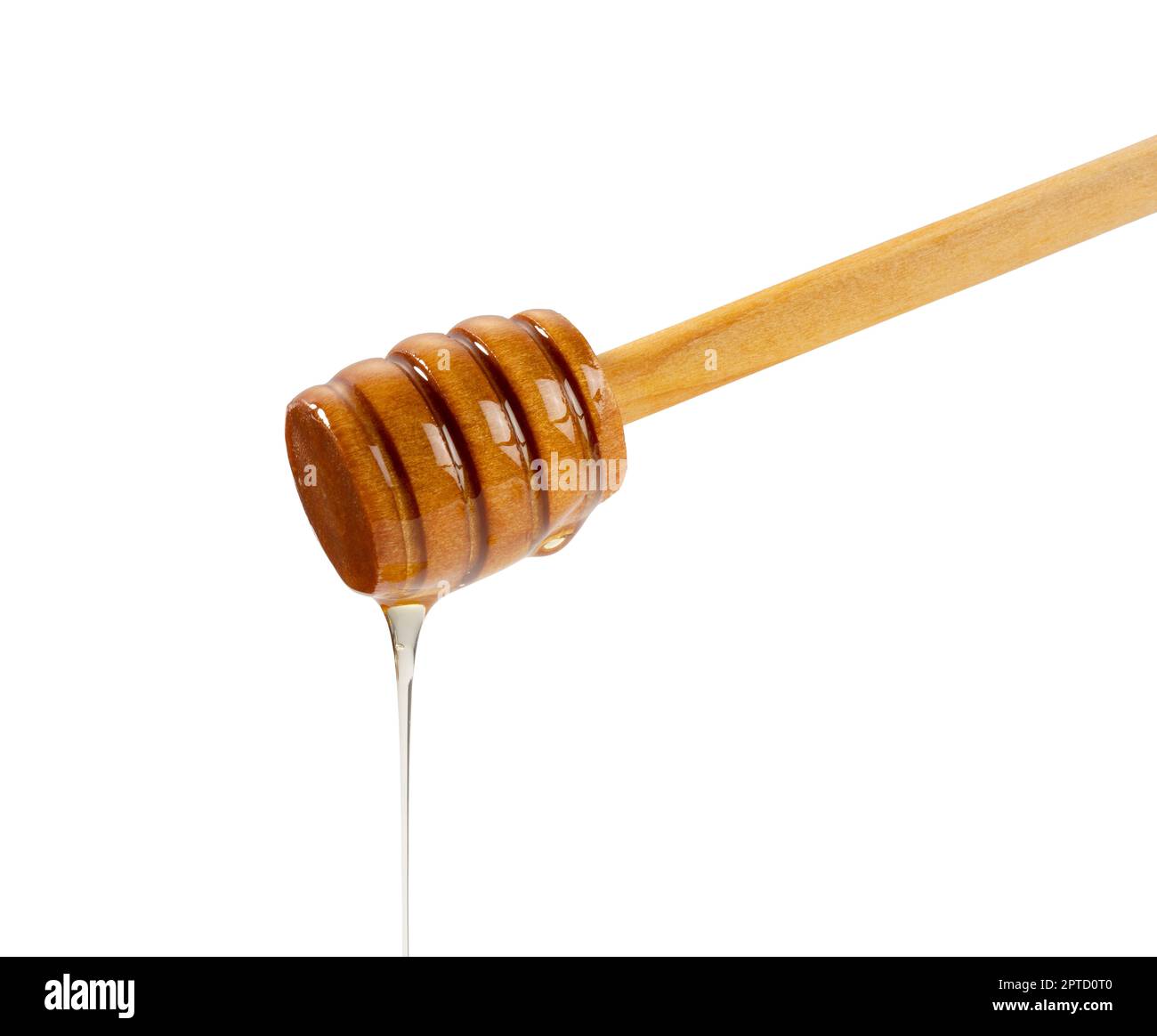 Honey and wooden honey dipper on white background. Honey dripping from ...