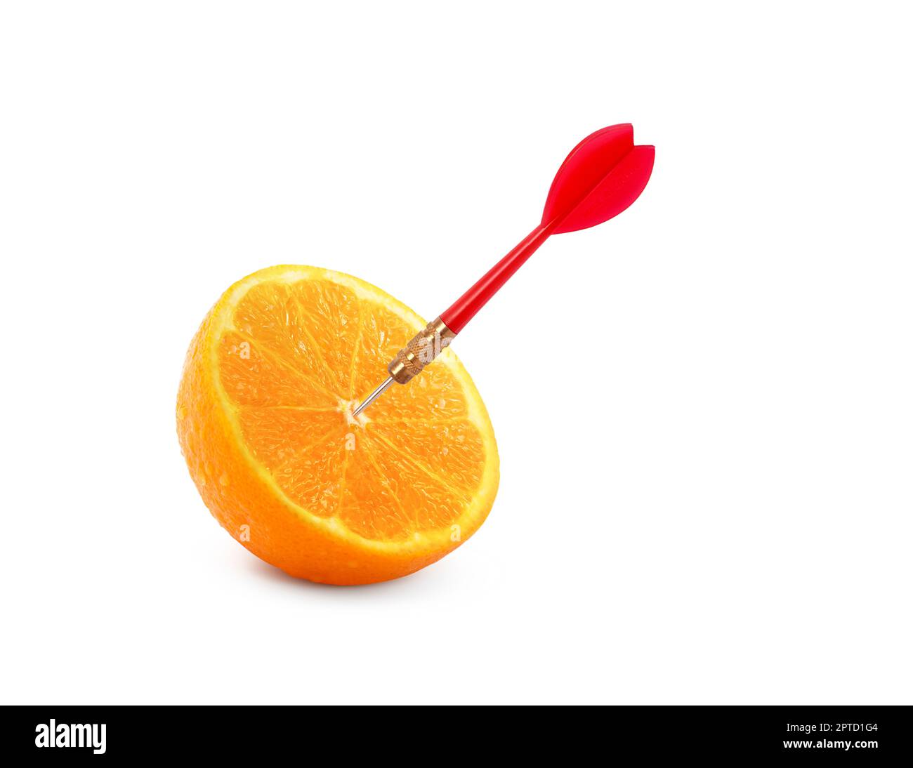 Orange fruit with circular target marked and red dart on white ...
