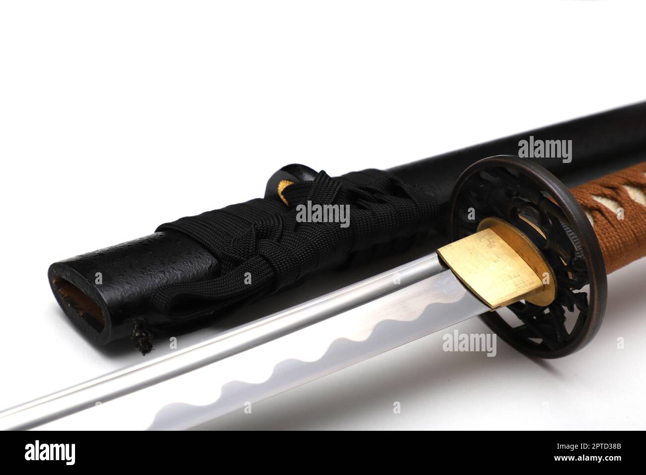 Japanese sword steel fitting and brown cord with black scabbard ...