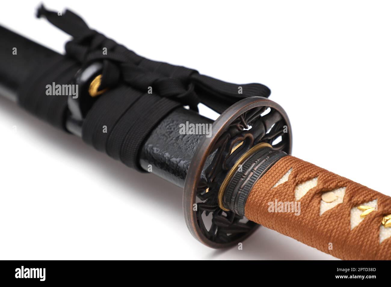 Japanese sword steel fitting and brown cord with black scabbard ...