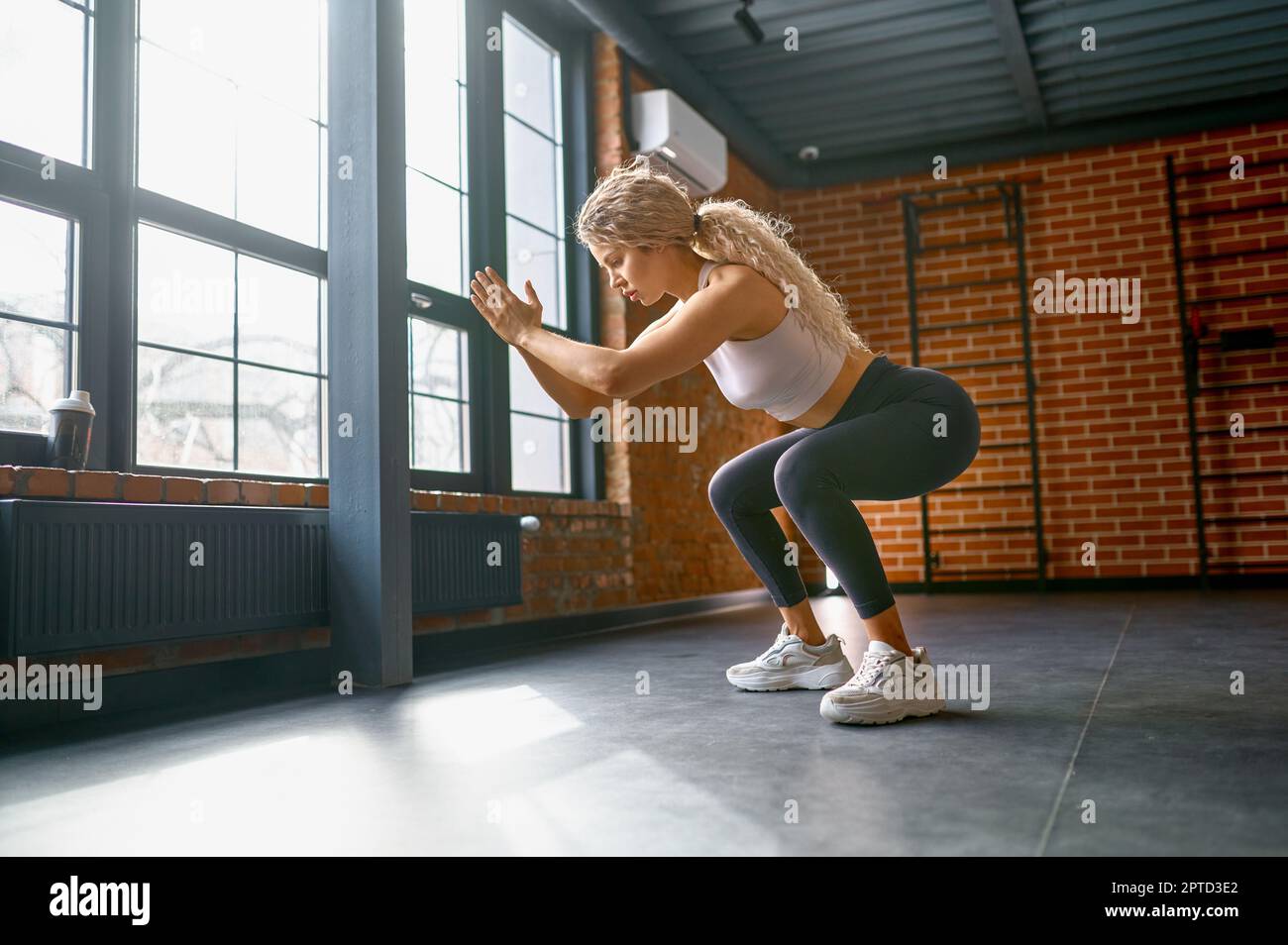 Woman training legs muscles with jump and squat exercise. Wellness and power practice concept ...