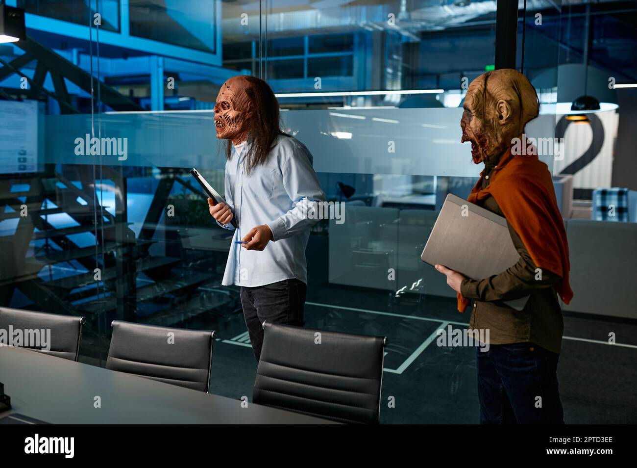 Zombie employees or job sicker entering at meeting room. People scary ...