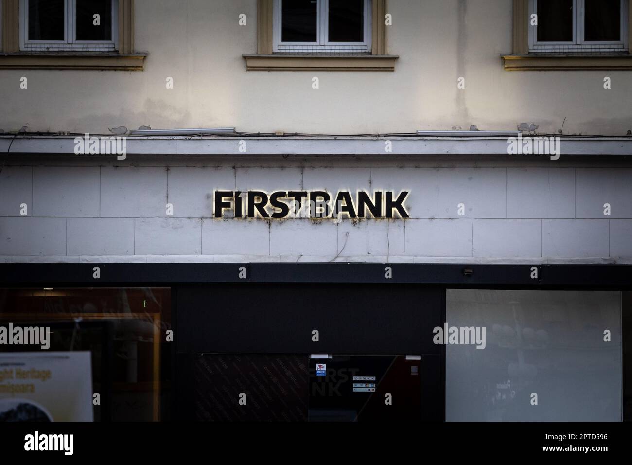 Picture of a sign with the logo of First Bank in Timisoara, Romania ...