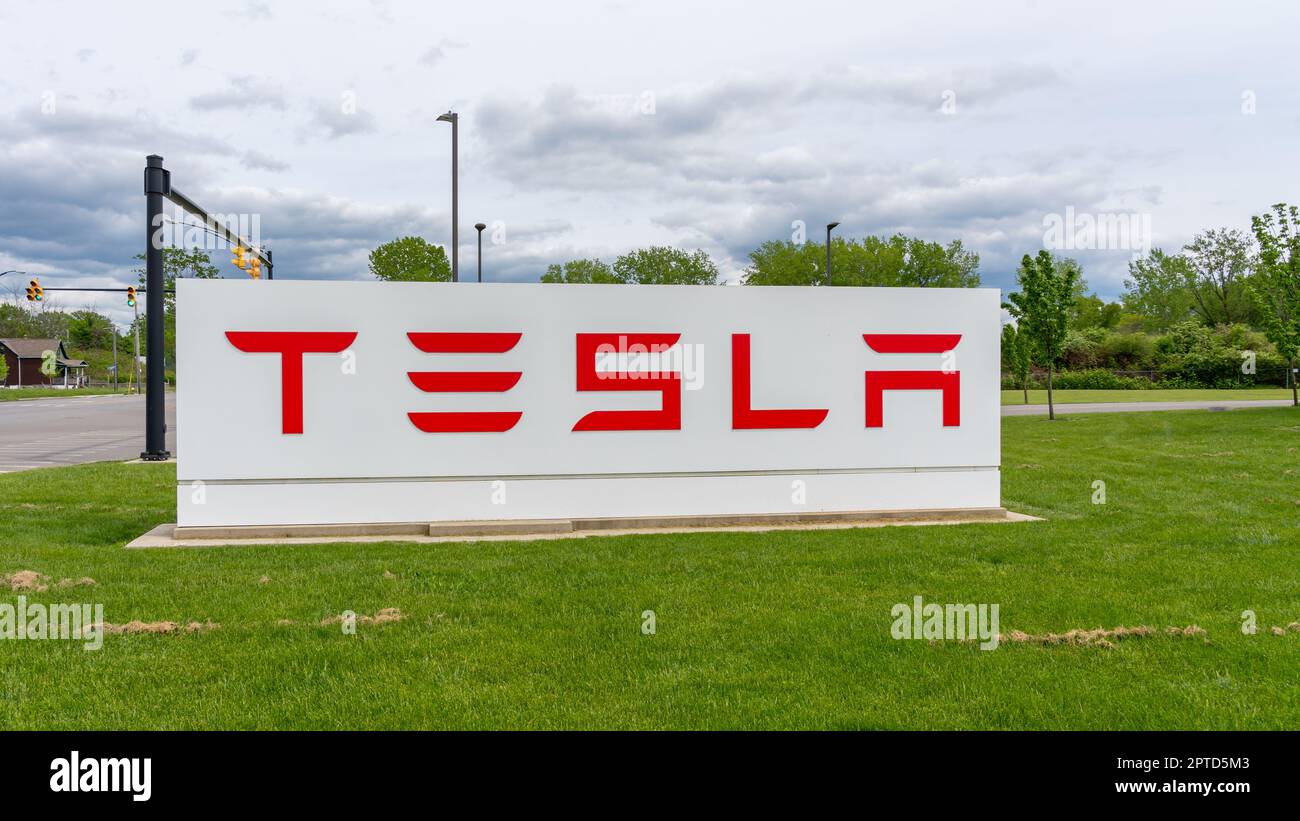 Closeup of Tesla ground sign is shown Stock Photo - Alamy