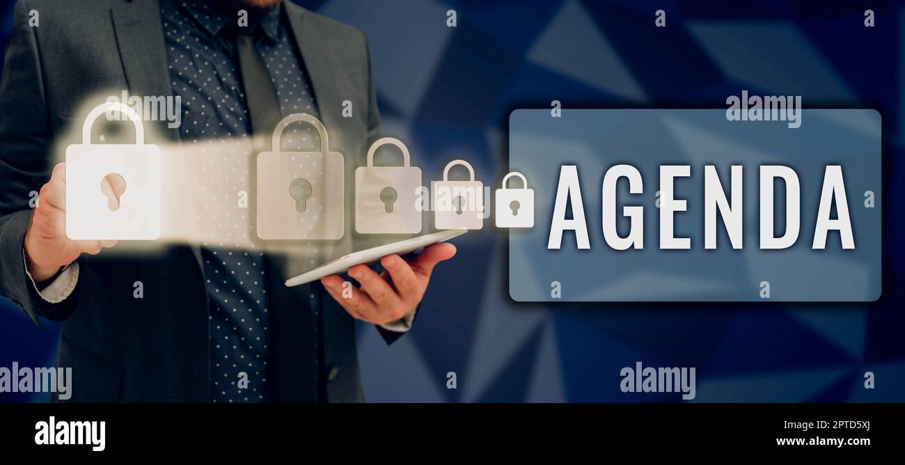 Text caption presenting Agenda, Concept meaning list of meeting ...