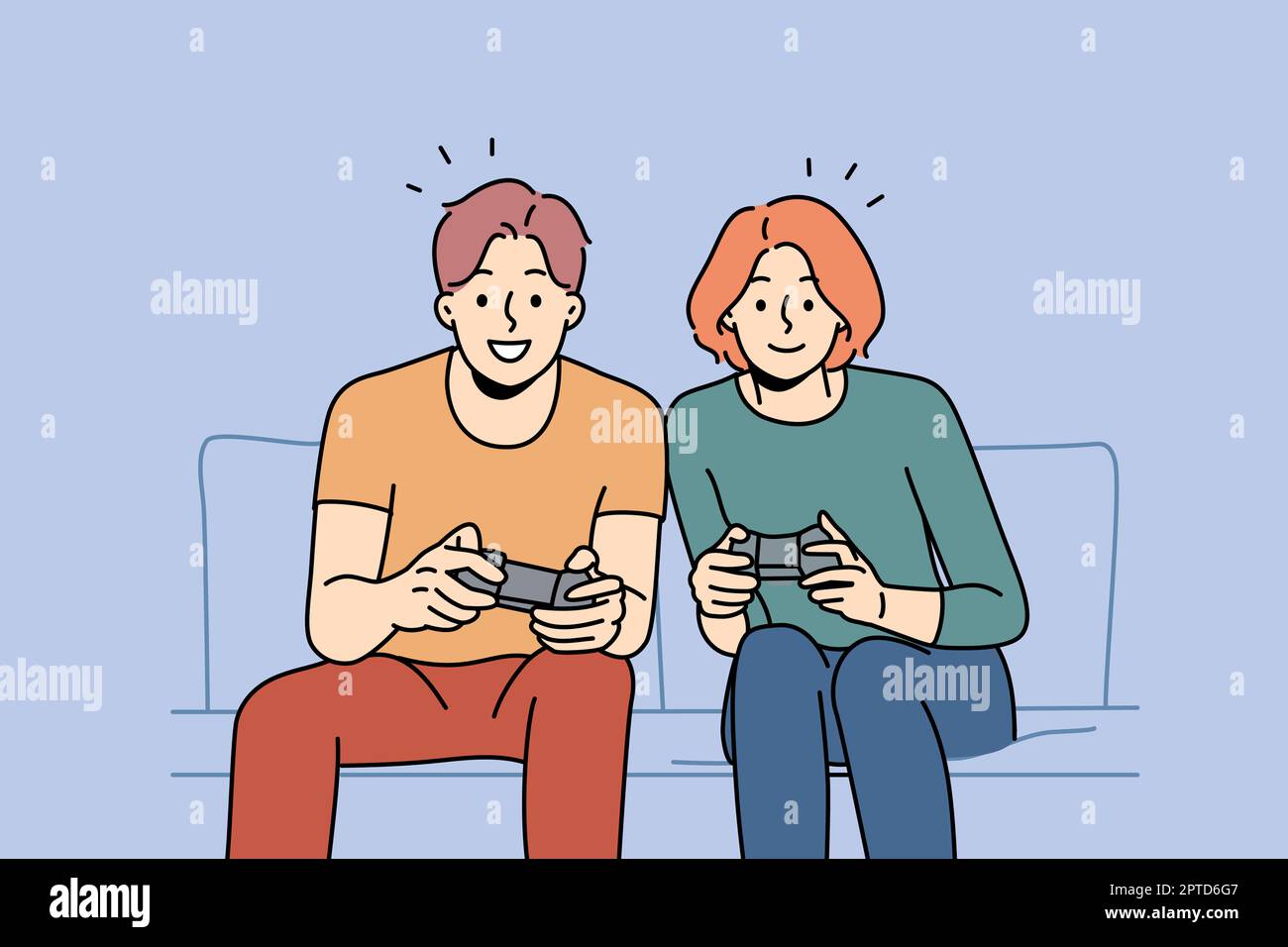 Smiling couple sit on sofa at home playing video game together. Happy ...