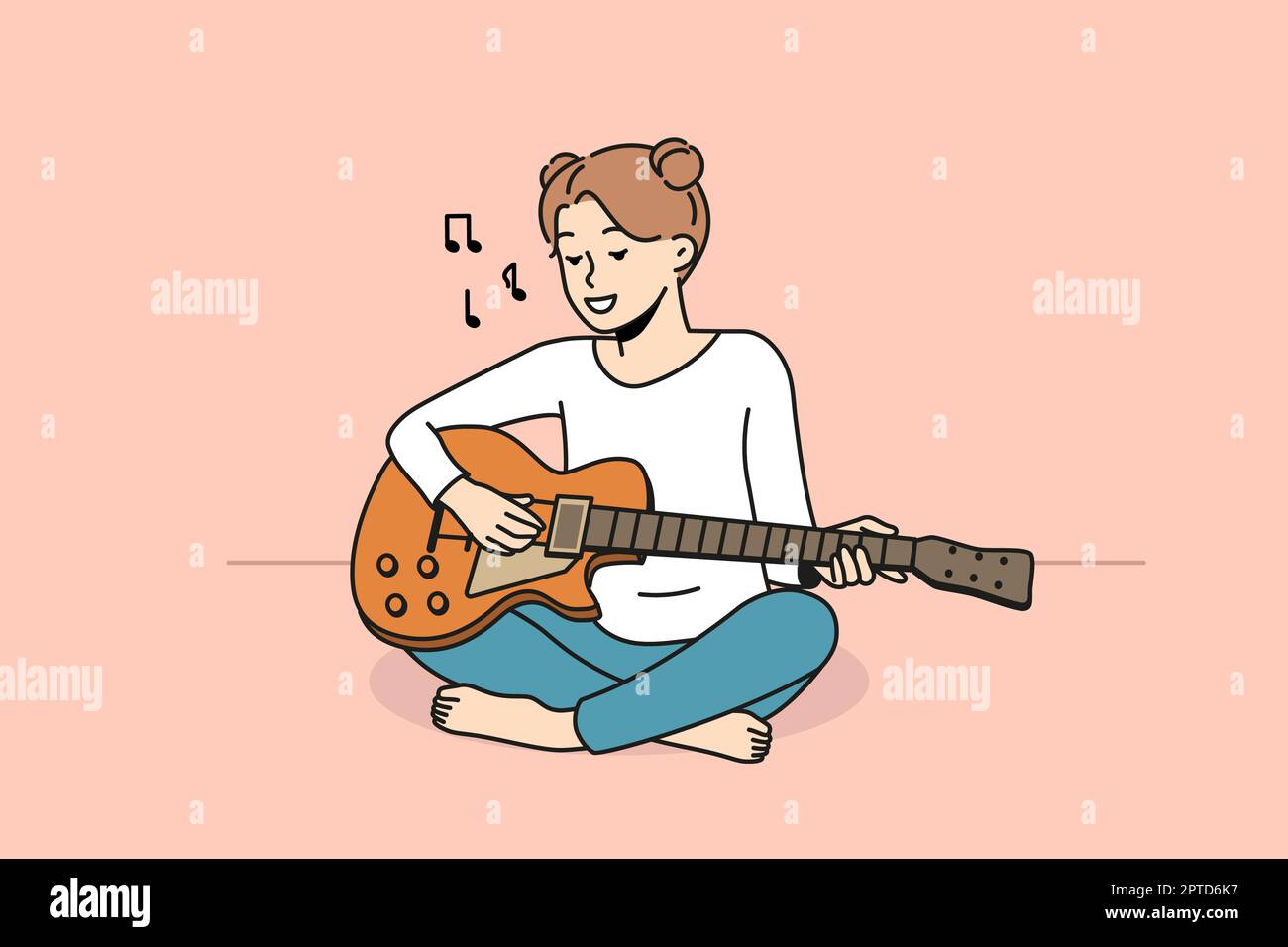 Smiling girl sit on floor playing guitar. Happy female enjoy musical ...