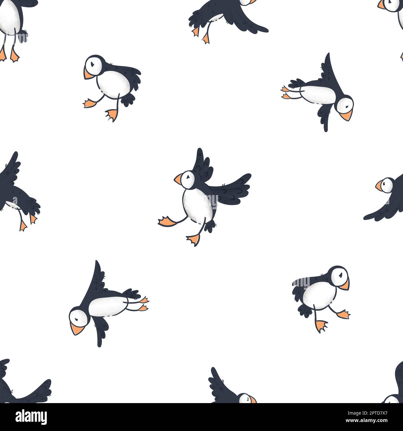 Cute hand drawn puffin seamless pattern, lovely doodle birds background ...