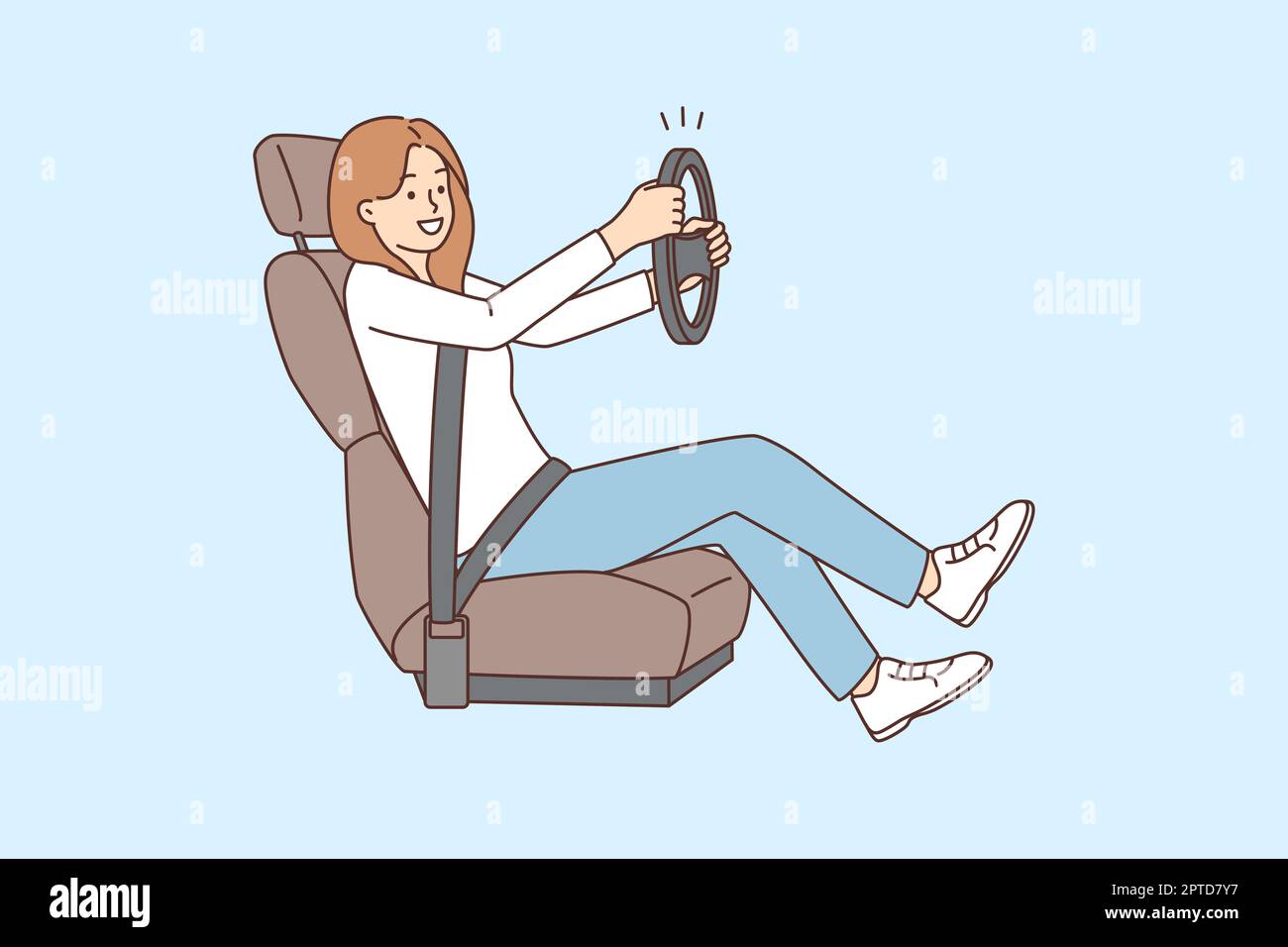 Smiling young woman sit in chair learn driving. Happy girl with ...
