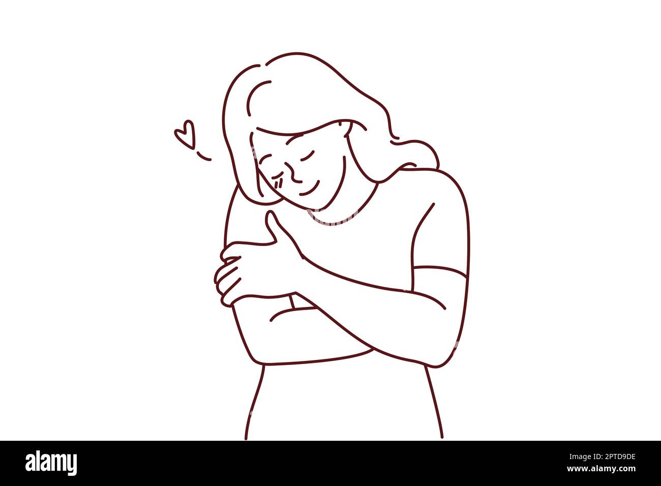Happy young woman hugging herself show self-love and care. Smiling girl ...