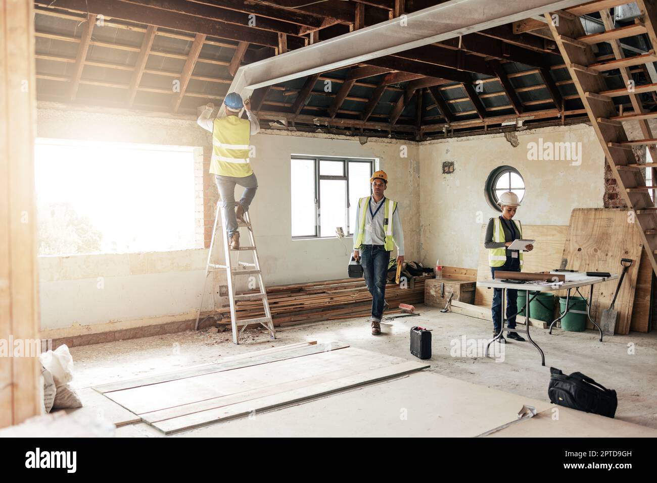 Teamwork, architecture or construction worker working, planning or ...